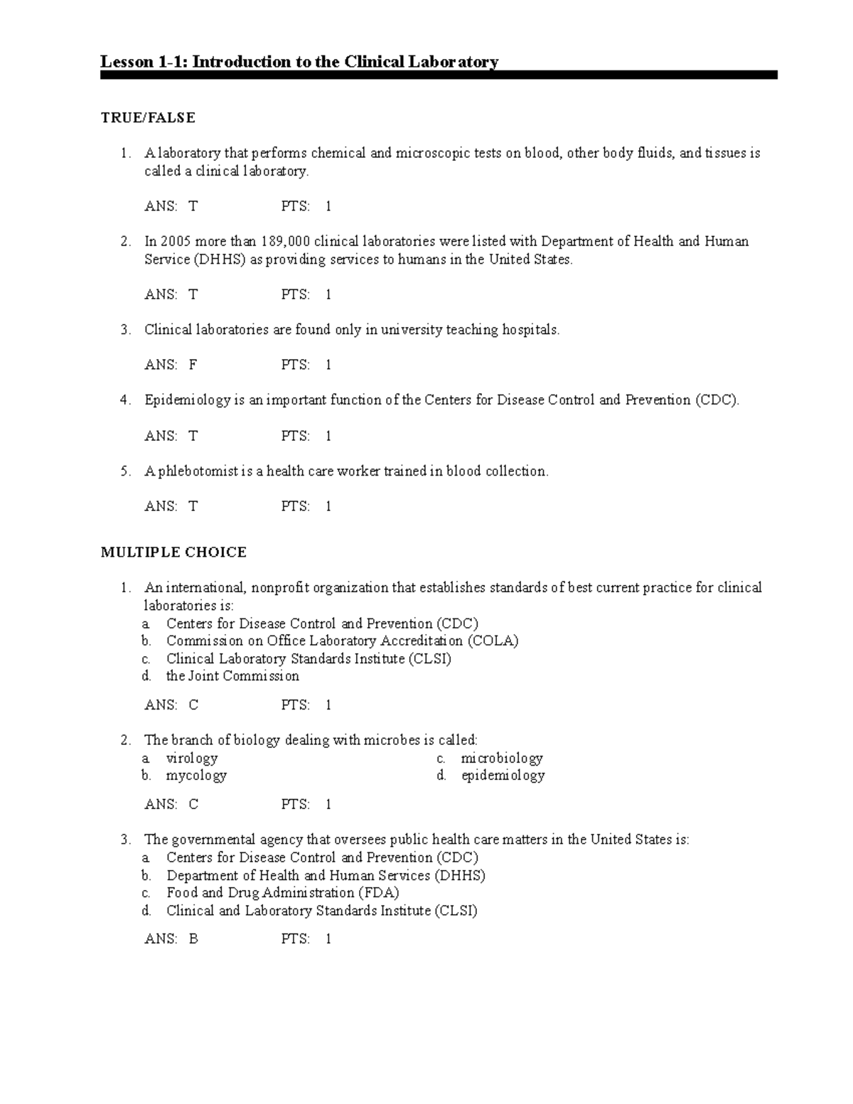 L1-1 - Questions Answers - Lesson 1-1: Introduction to the Clinical ...