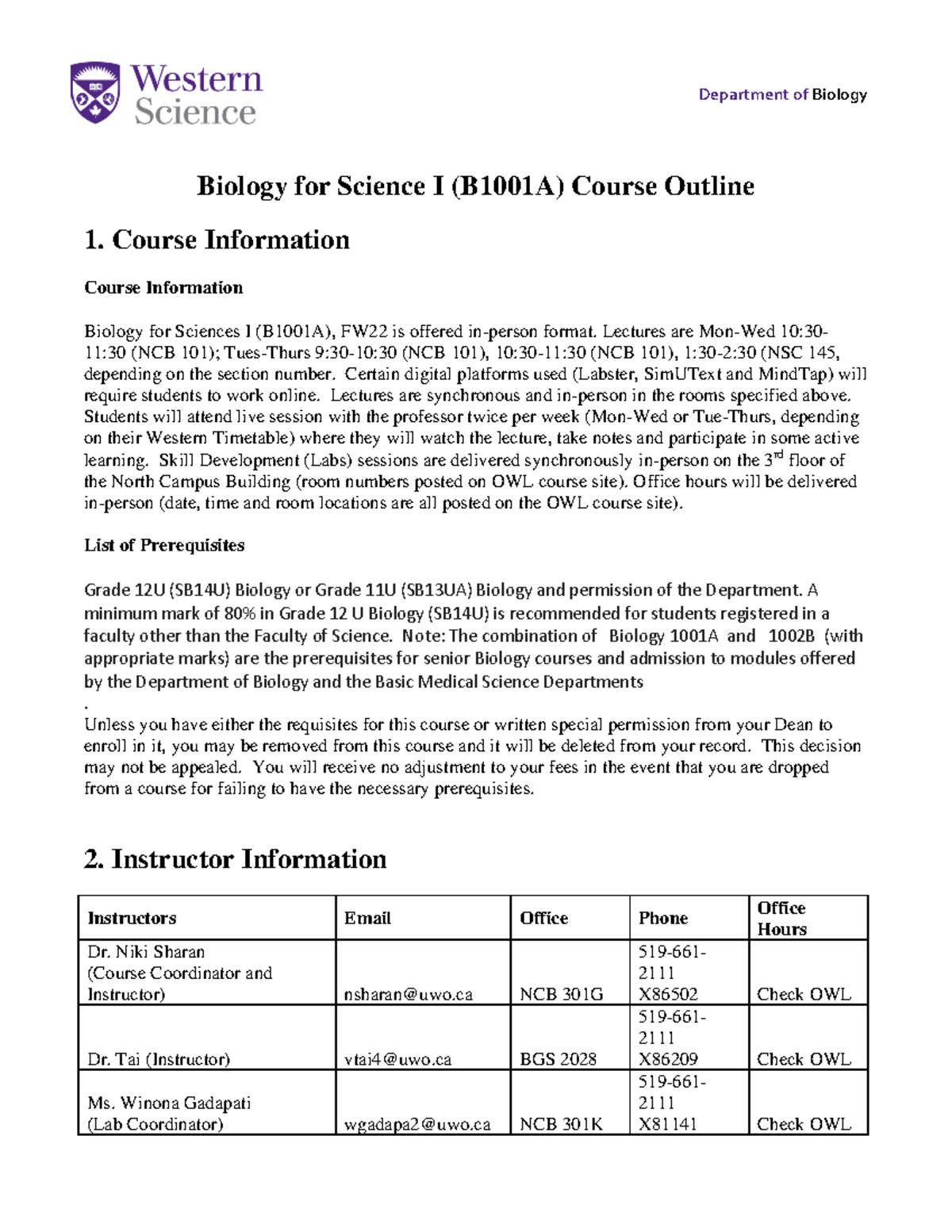 Course Outline - Course Information Course Information Biology for ...