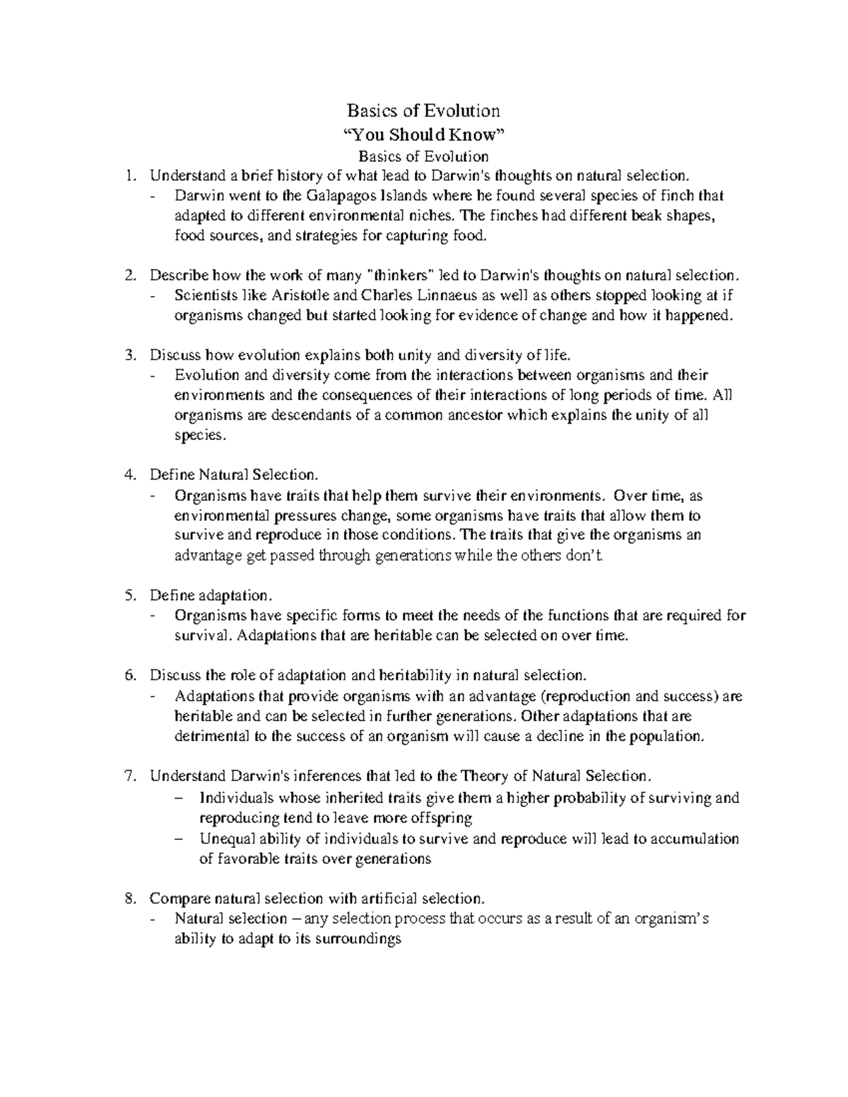 Basics of Evolution- Study Guide 1100 Biology - Basics of Evolution ...