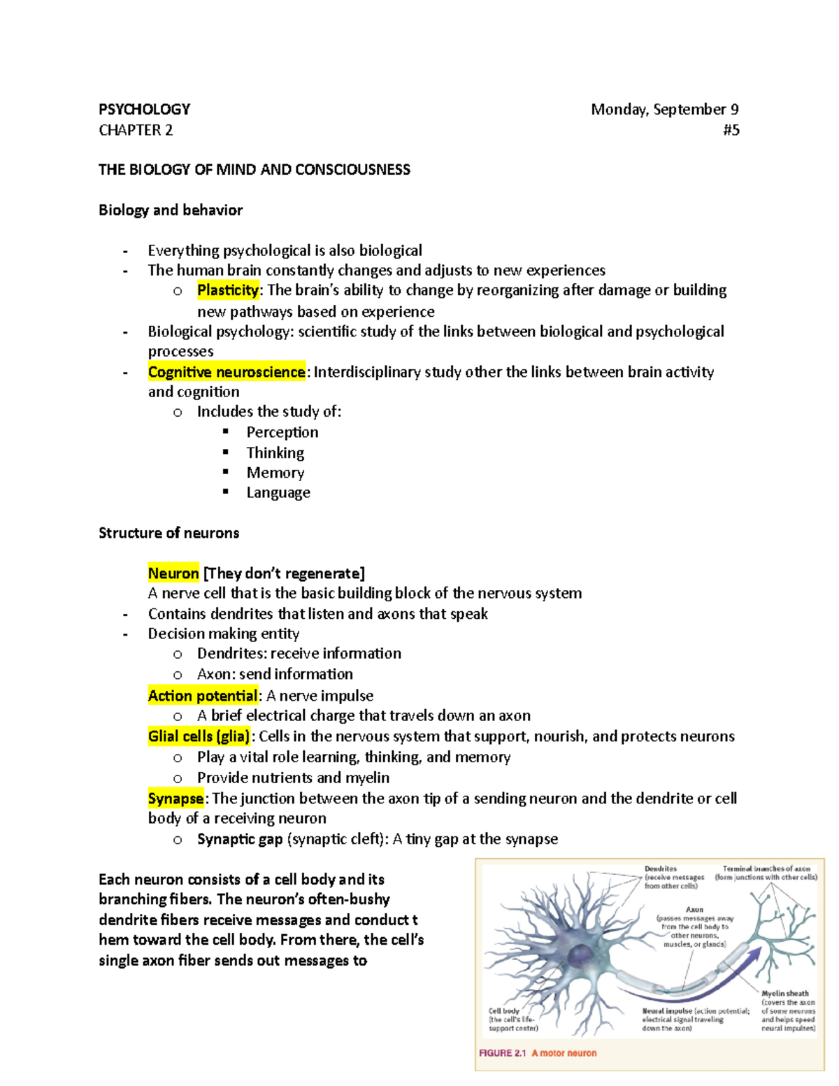 Chapter 2 - PSYCHOLOGY Monday, September 9 CHAPTER 2 # THE BIOLOGY OF ...