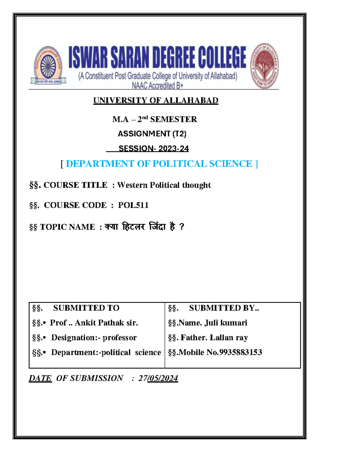 PIL - Principal of - UNIVERSITY OF ALLAHABAD M – 2 nd SEMESTER ...