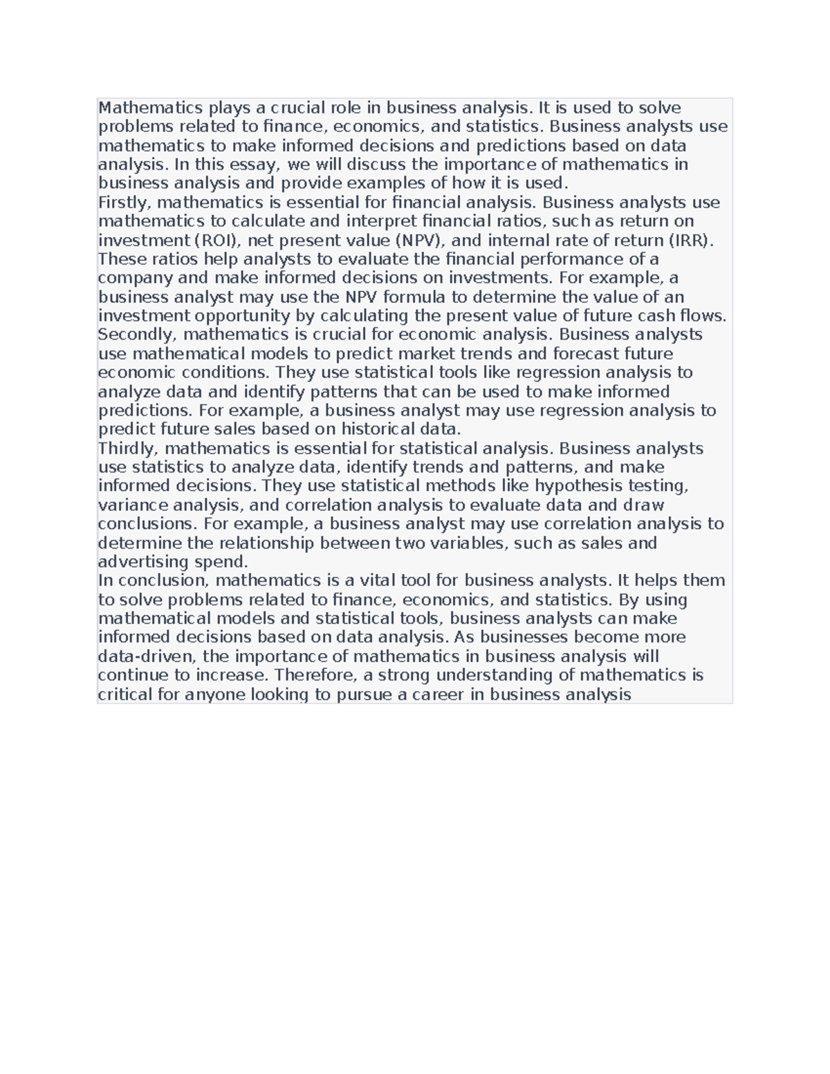 Mathematics for bussines analysis - Mathematics plays a crucial role in ...