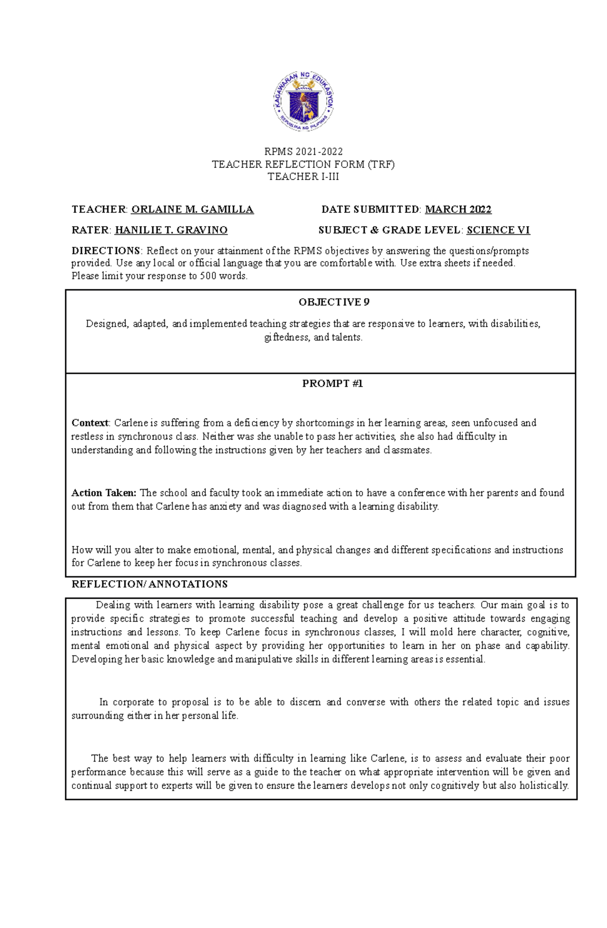 TRF-9-10 - NONE - RPMS 2021- TEACHER REFLECTION FORM (TRF) TEACHER I-III TEACHER: ORLAINE M ...