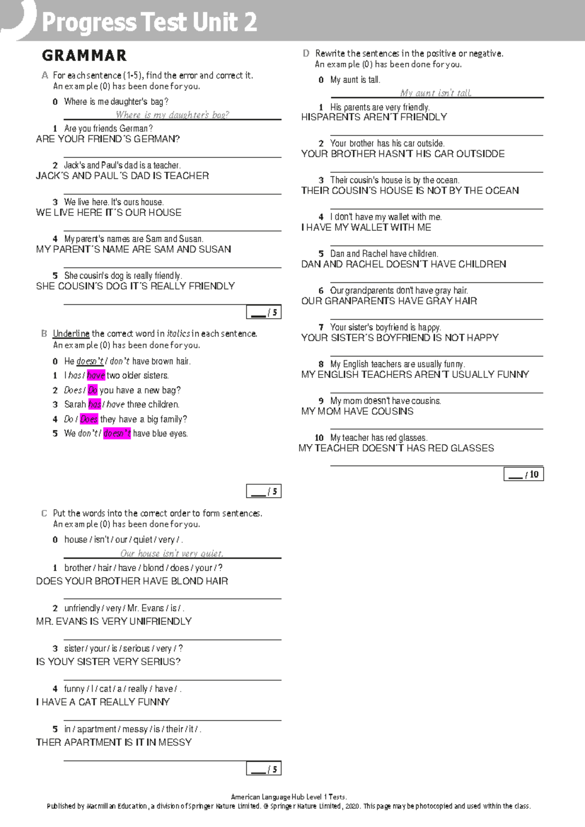 ALH L1 Unit 2 - 2021-2022 - Progress Test Unit 2 American Language Hub ...