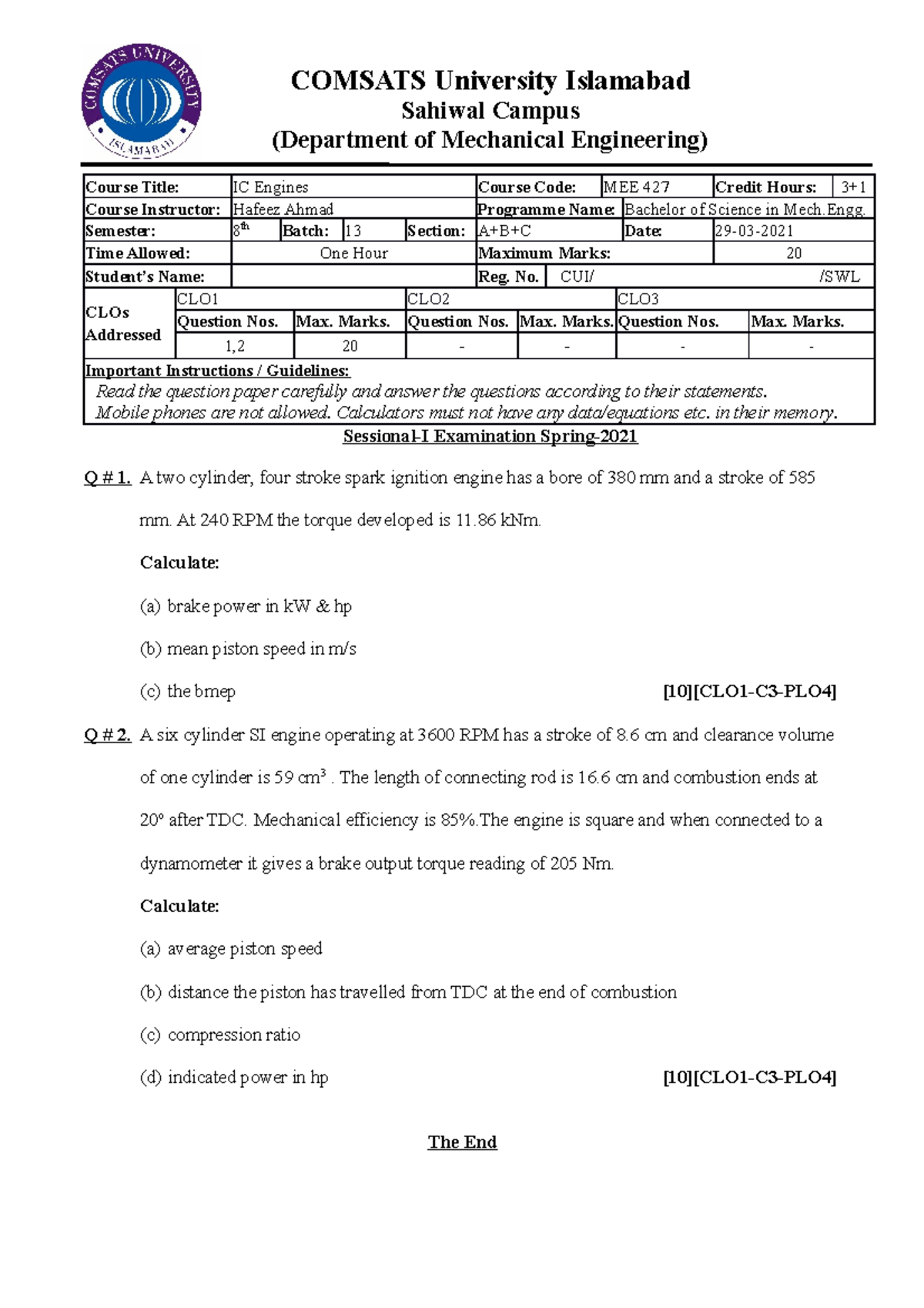 Sessional 1 Batch 13 - COMSATS University Islamabad Sahiwal Campus ...