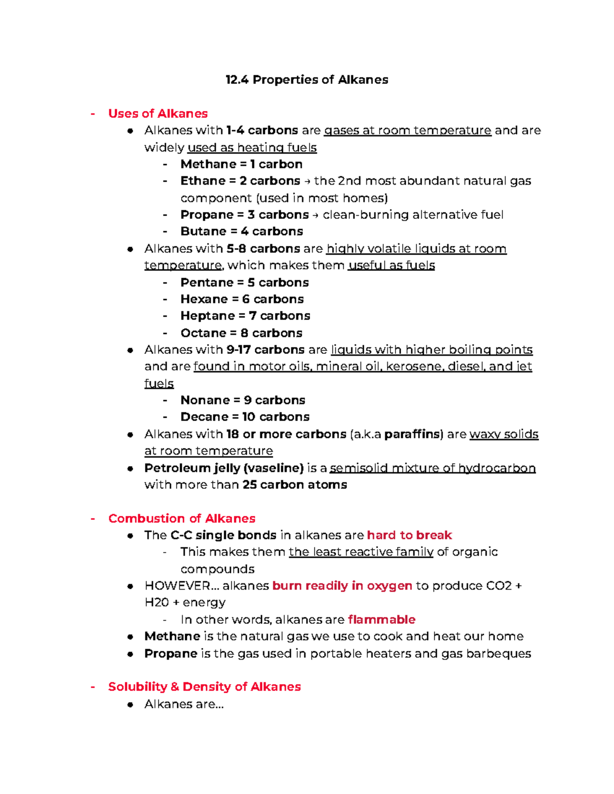 CHE 104 Chapter 12 PART 4 - 12 Properties of Alkanes - Uses of Alkanes Alkanes with 1-4 carbons ...