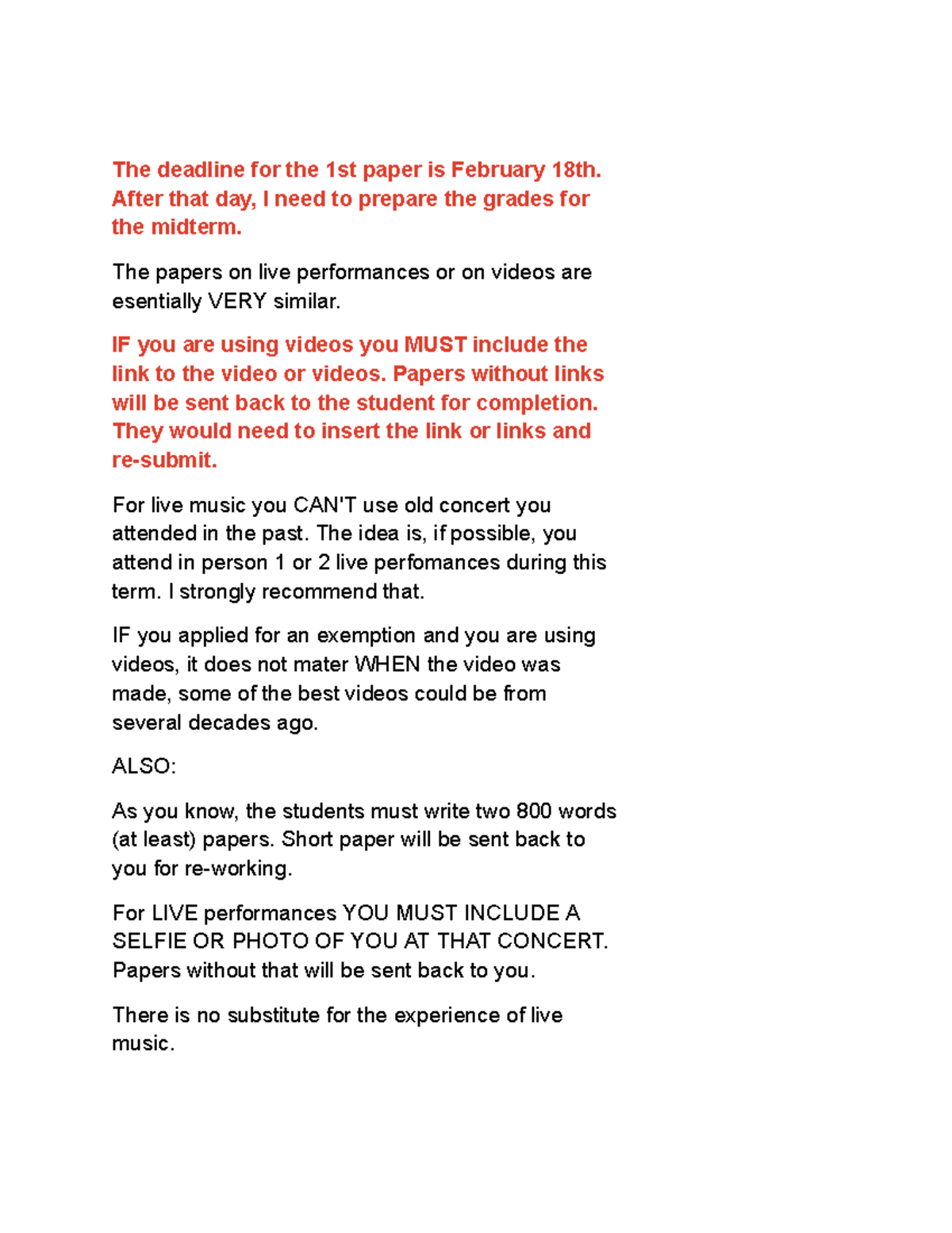 Intro to Music Class Notes - The deadline for the 1st paper is February ...