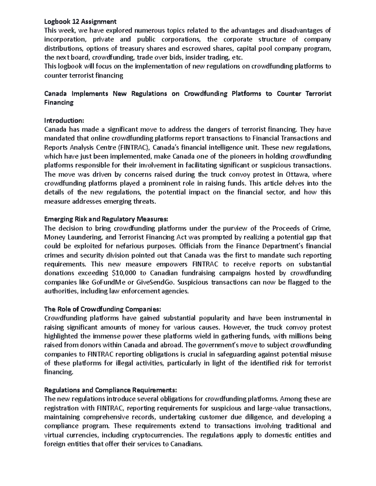 Logbook 12 Assignment - FIN2055 - Conestoga College - Studocu