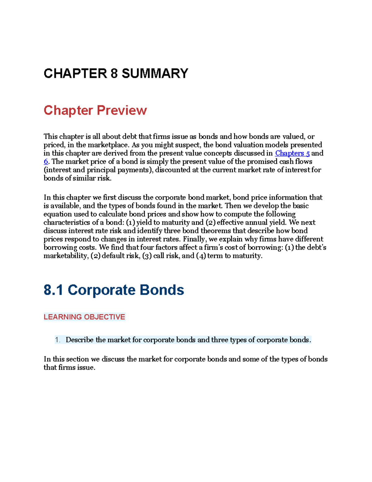 MT480 Chapter 8 - Corporate Finance - CHAPTER 8 SUMMARY Chapter Preview ...
