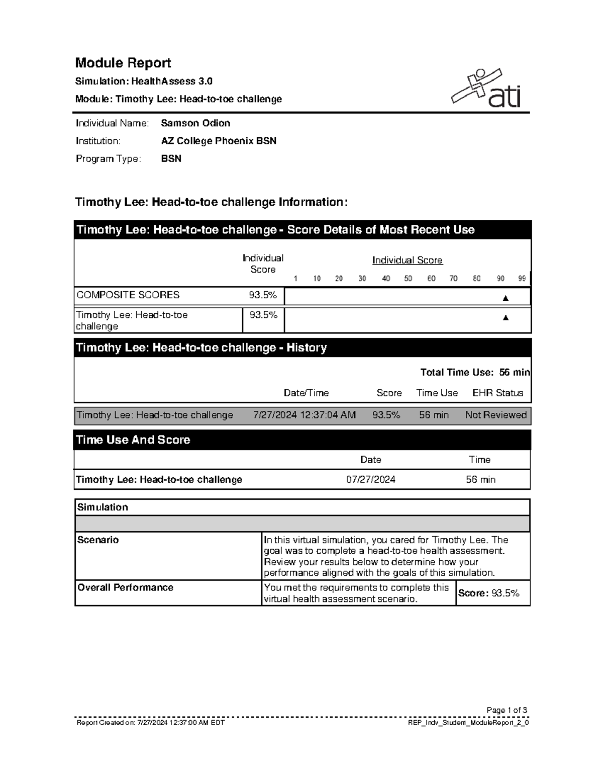 Report (45) - ati - Module Report Simulation: HealthAssess 3. Module ...