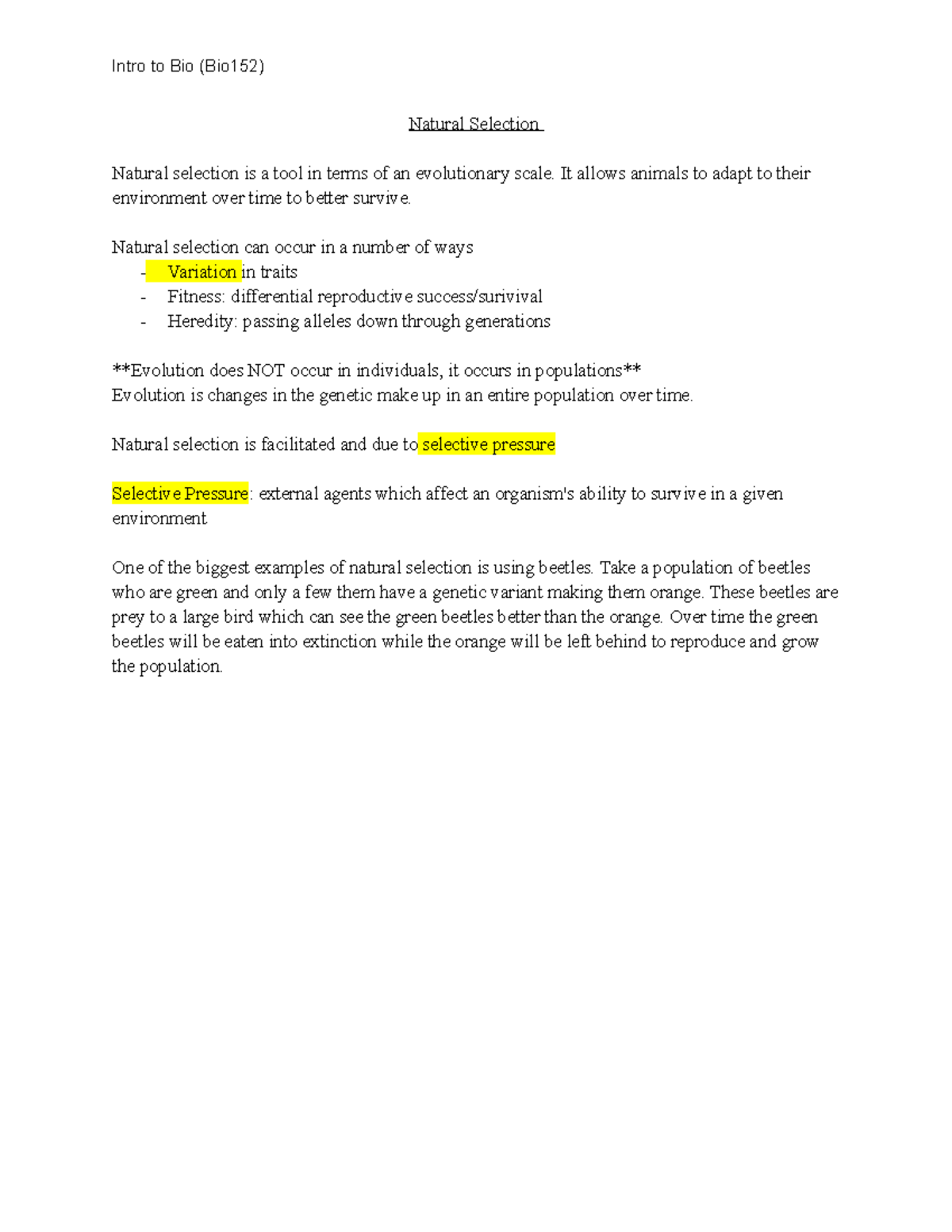 Natural selection - Lecture notes 1 - Intro to Bio (Bio152) Natural ...