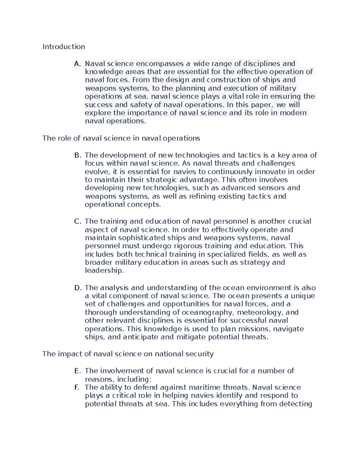 Importance of Naval Science - Introduction A. Naval science encompasses ...