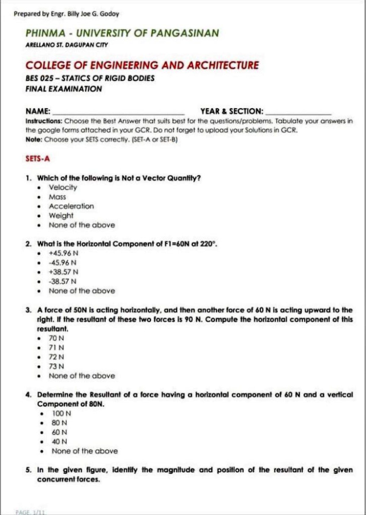 statics rigid bodies - practice materials reviewer - Prepared Engr ...