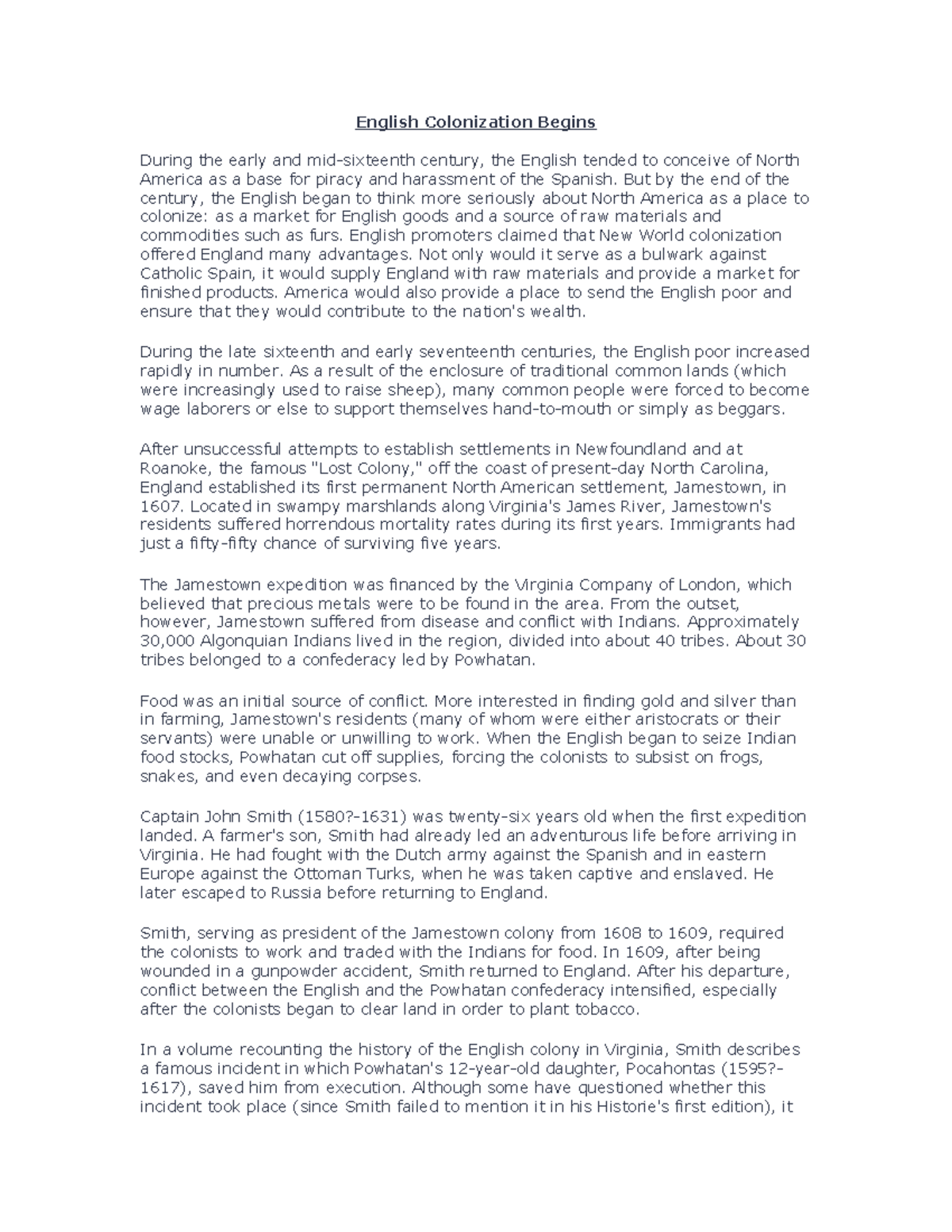 17th+Century+Reading+Broad+Summary - English Colonization Begins During ...