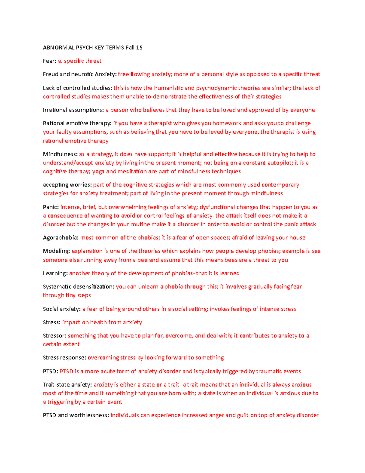 Abnormal Psych study guide test 2 - ABNORMAL PSYCH KEY TERMS Fall 19 ...