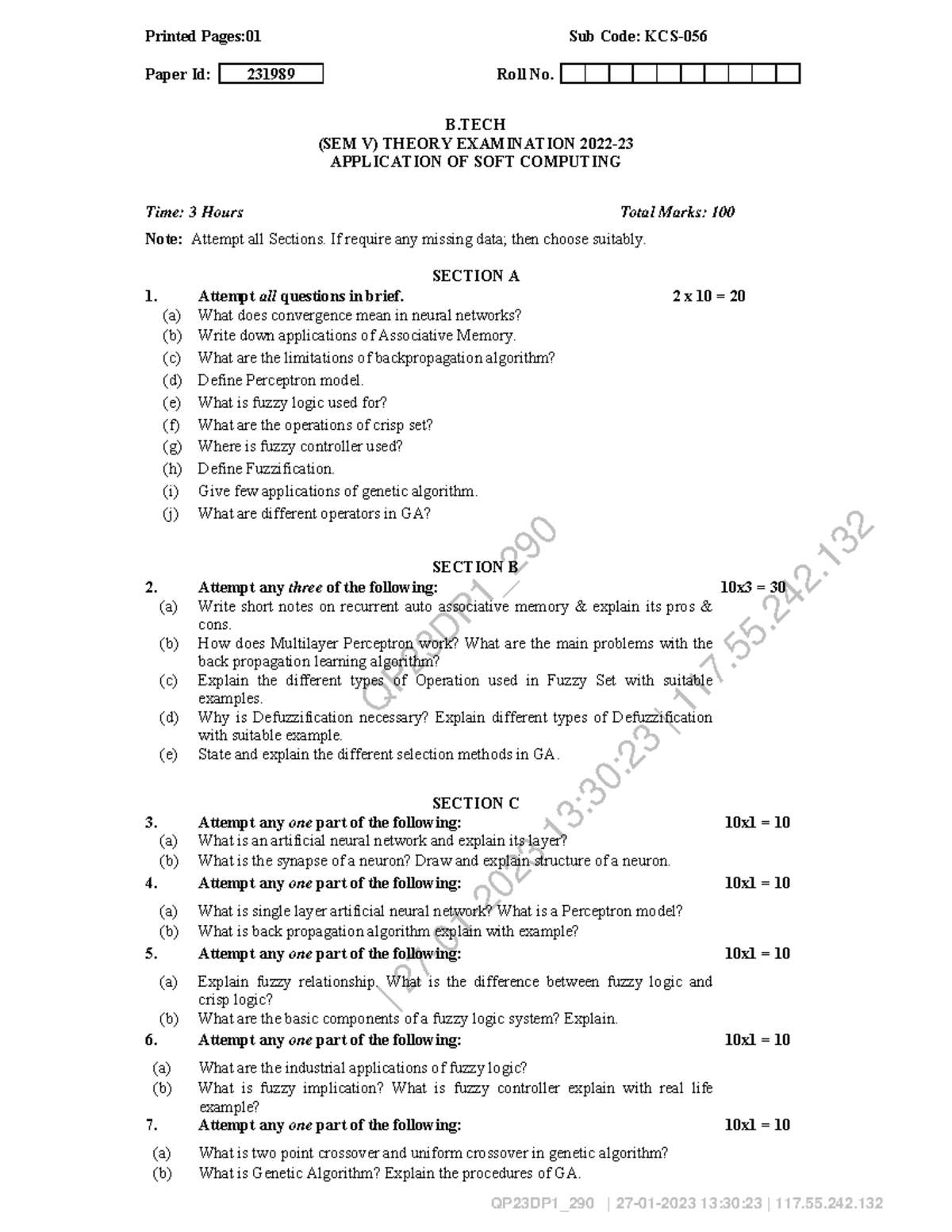 Application OF SOFT Computing KCS056 - QP23DP1_ | 27-01-2023 13:30:23 ...