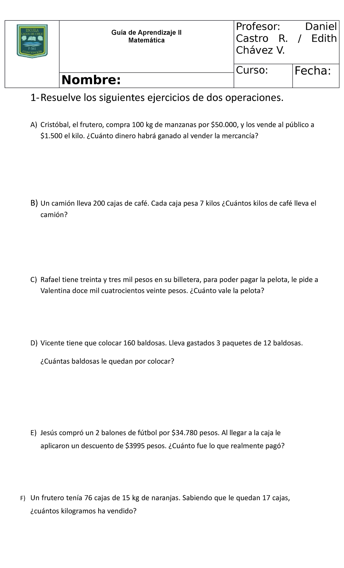 Problemas CON DOS Ejercicios II - Guía de Aprendizaje II Matemática ...