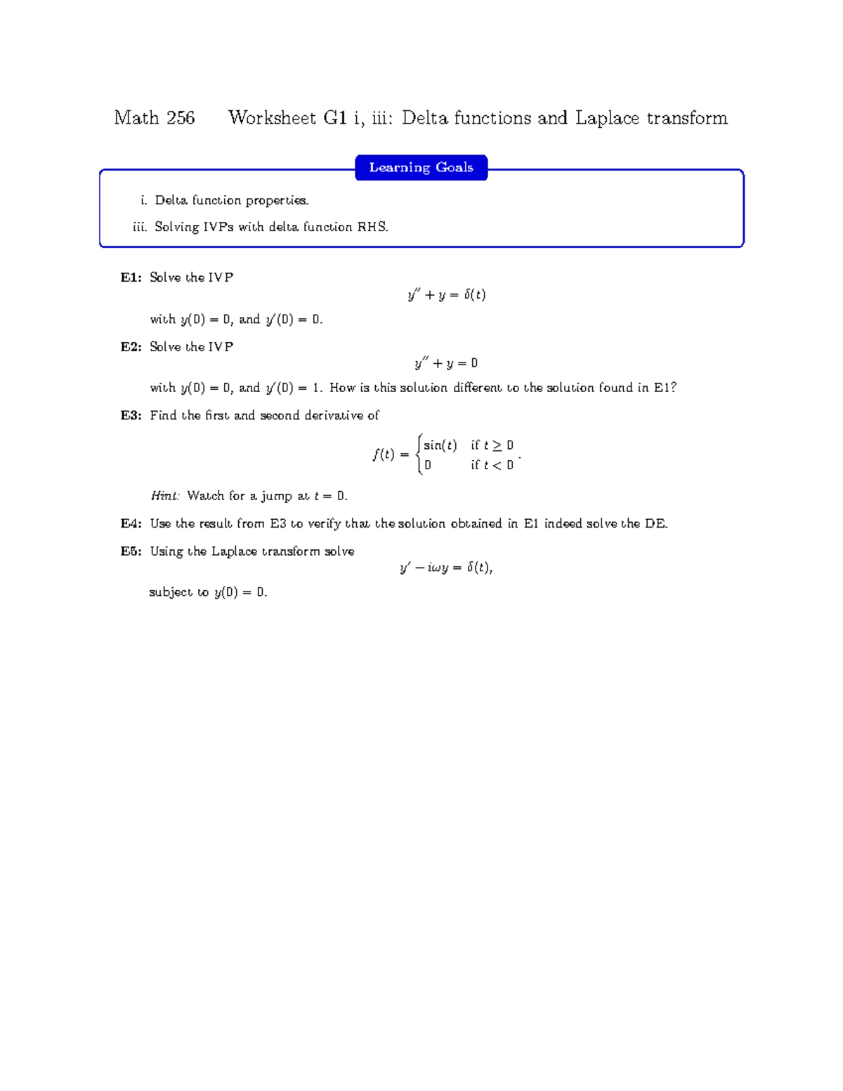 Worksheet G Laplace and delta functions - Math 256 Worksheet G1 i, iii ...