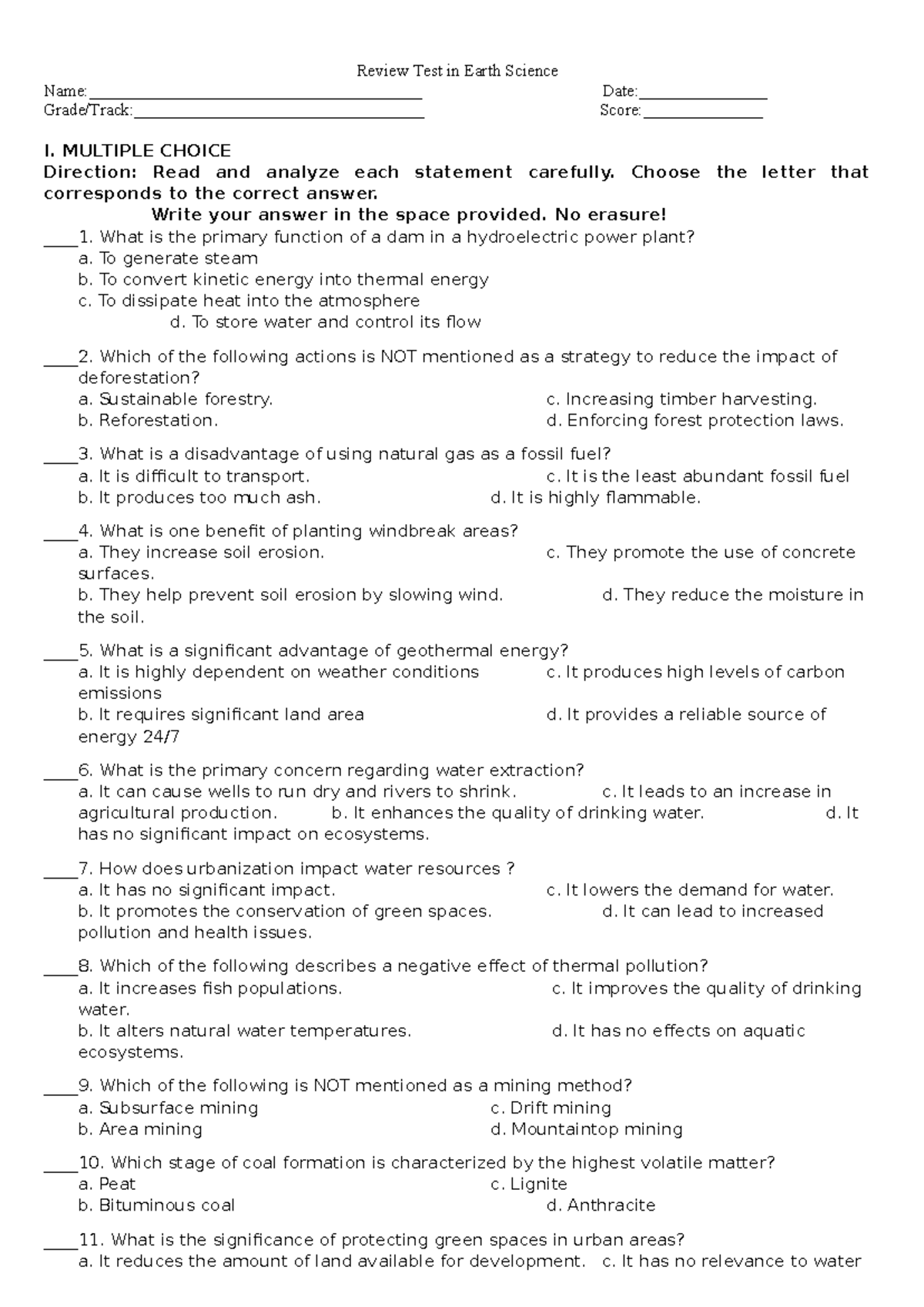 Long test Earth Science without answer - Review Test in Earth Science ...