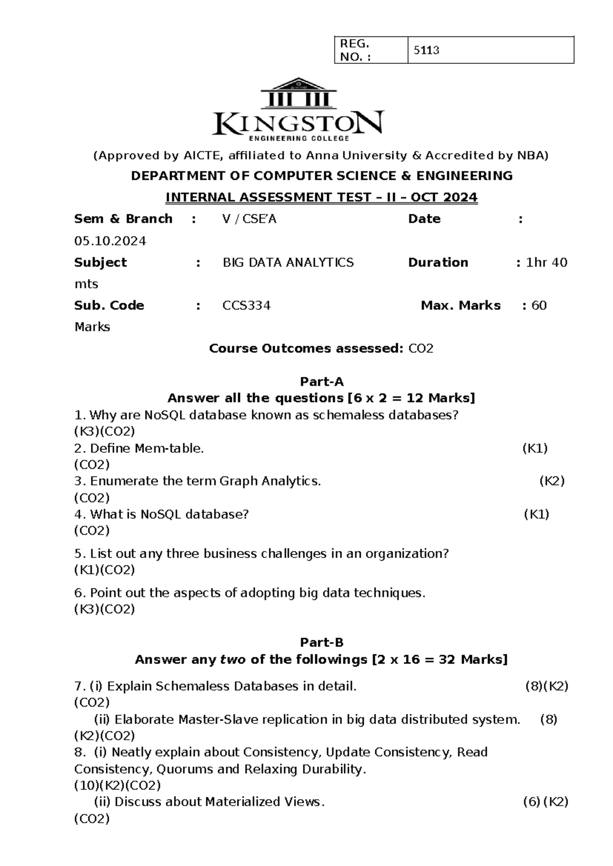 IAT 2 QP CCS334-BDA - QP-IAT-2 - REG. NO. : 5113 (Approved by AICTE ...