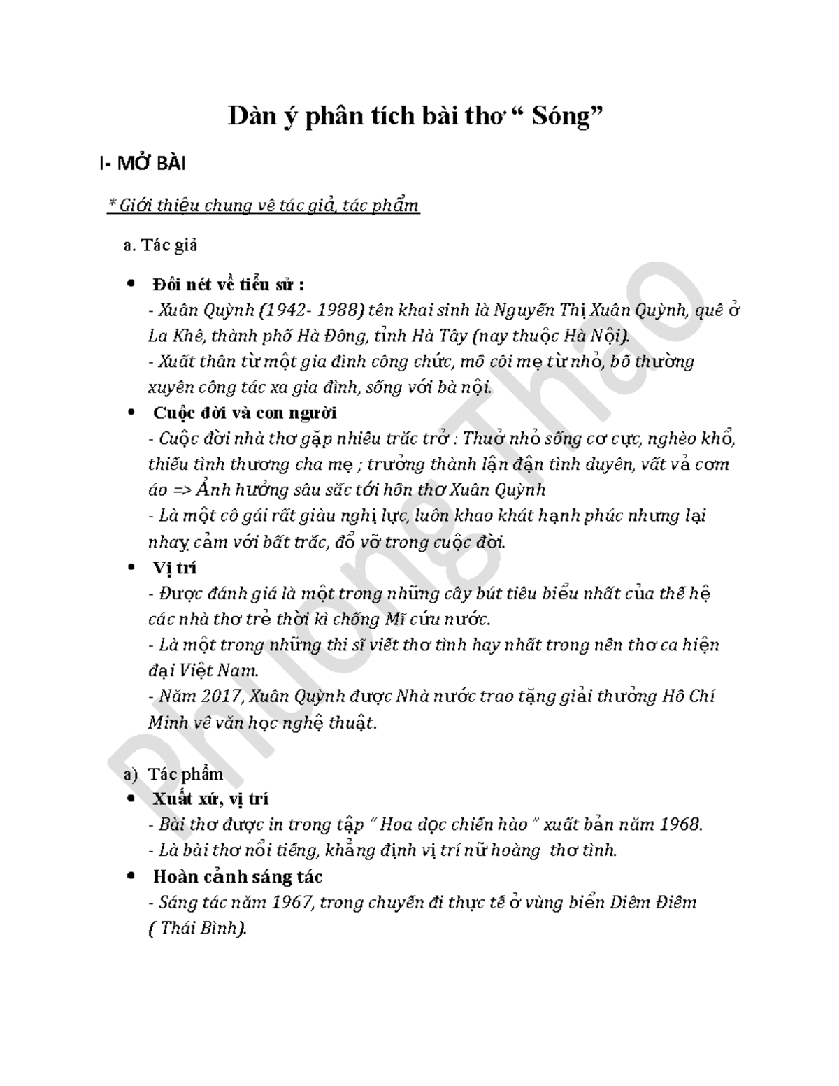 Thảo, phân tích sóng đoạn 1 - Dàn ý phân tích bài thơ “ Sóng” I- M BÀIỞ Gi i thi u chung vềề tác ...