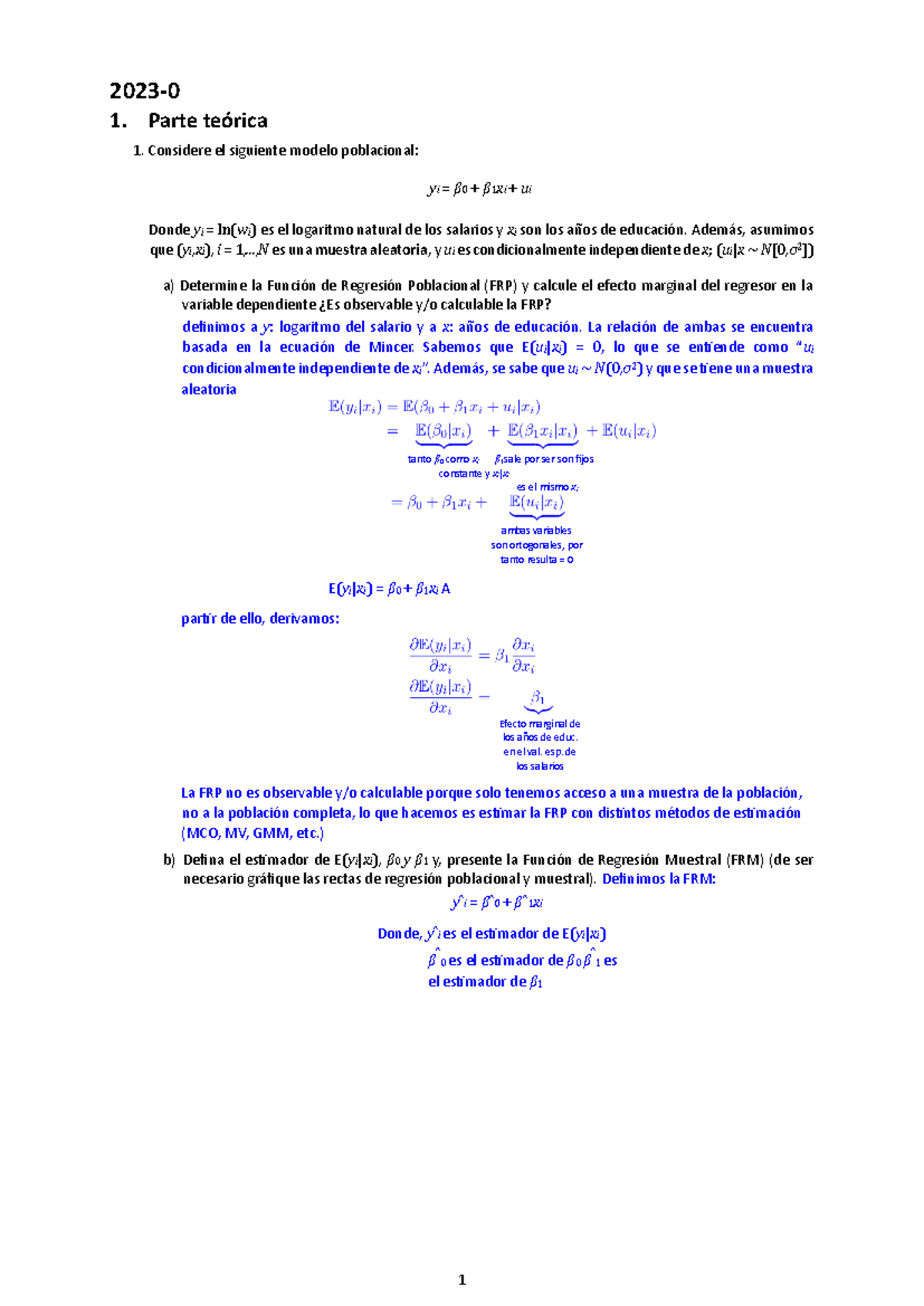 PD2 - Solucionario - 2023-0 - 2023 - 0 1. Parte teórica Considere el siguiente modelo ...