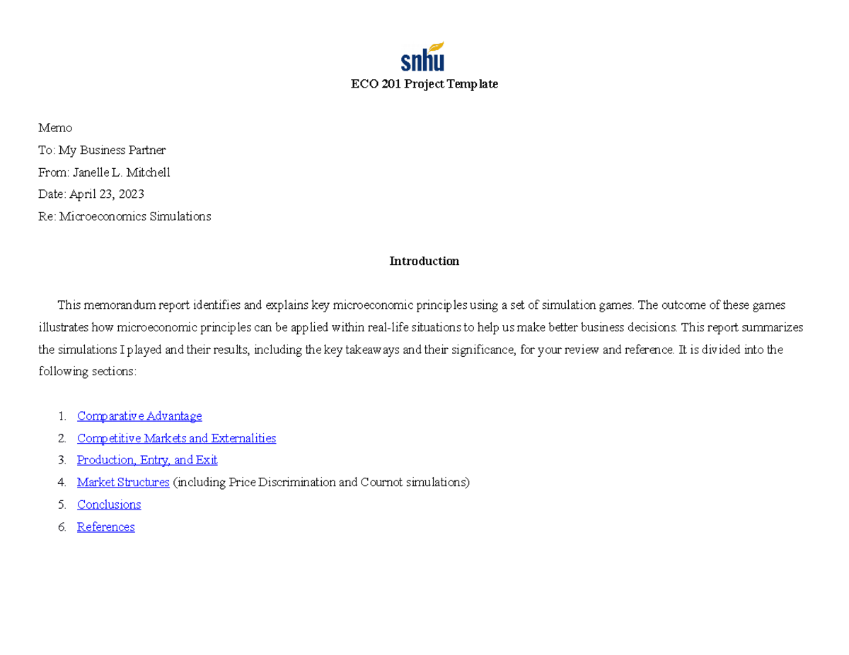 Final Project - ECO 201 Project Template Memo To: My Business Partner ...