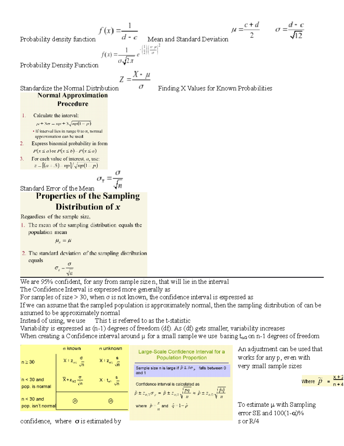 Notes for midterm - Probability density function Mean and Standard ...