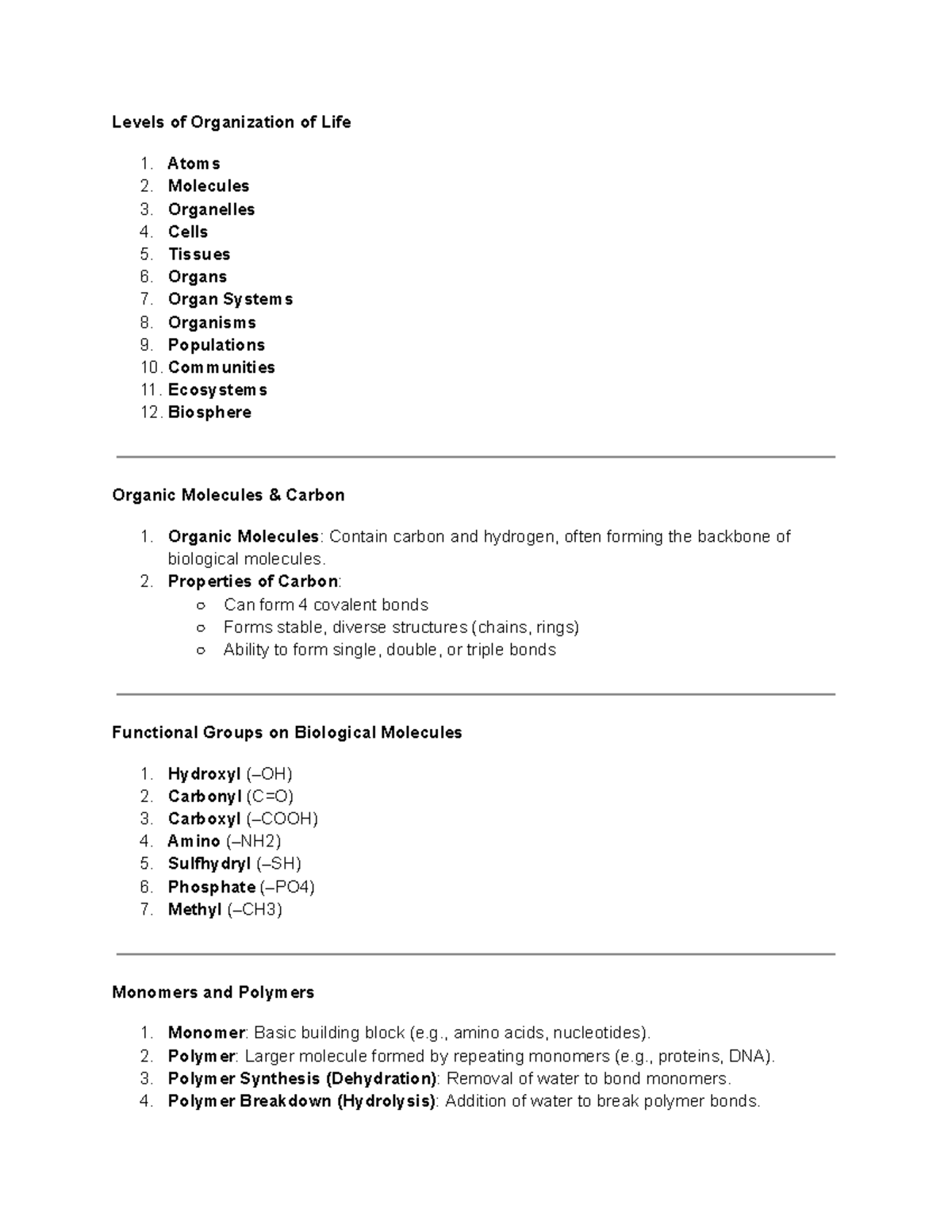 Lecture Exam #1 Study Guide - Levels of Organization of Life 1. Atoms 2 ...