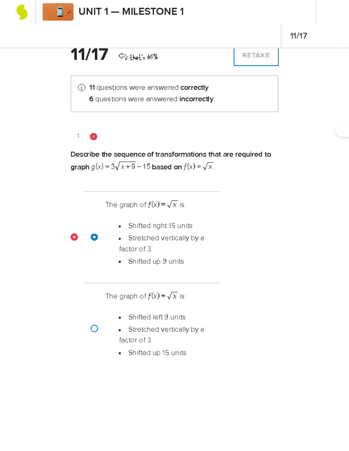 Sophia Calculus- Milestone 1 - 1 11 / 17 that's 65% RETAKE 11 questions ...