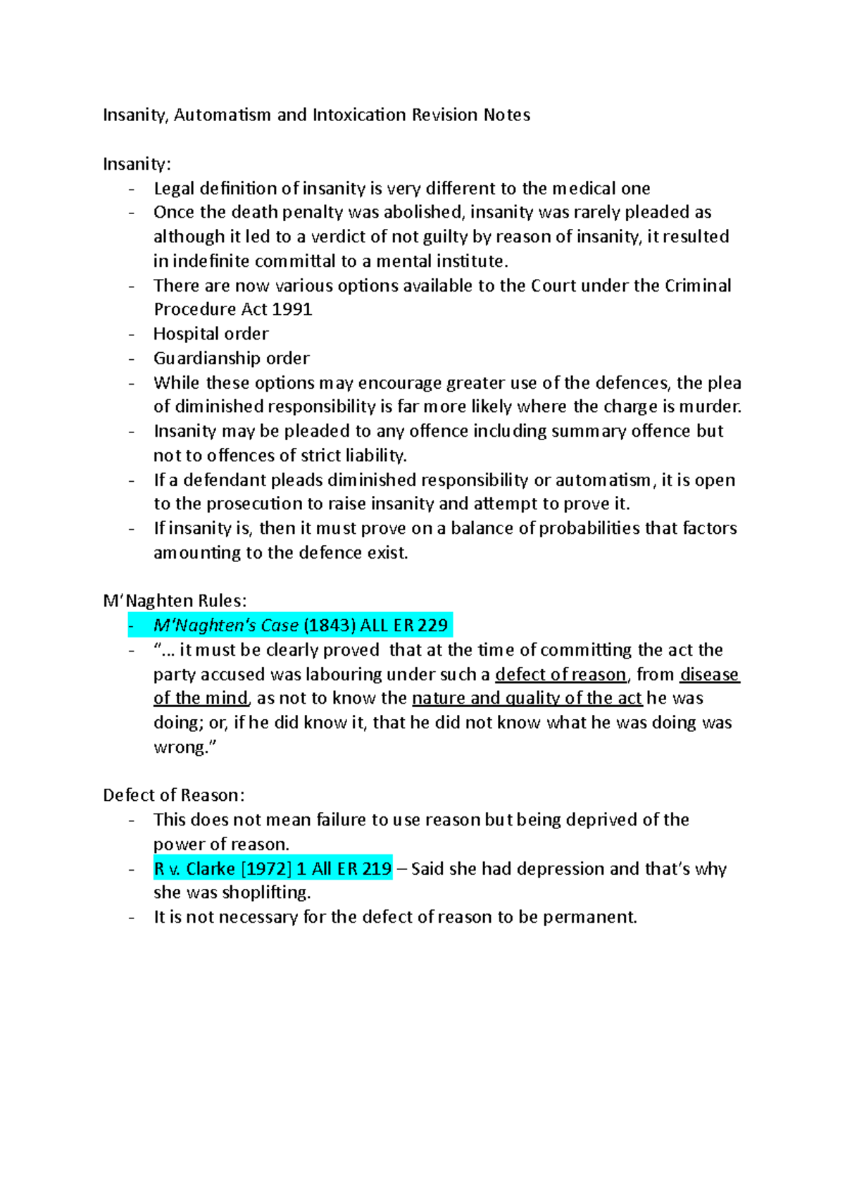 Insanity, Automatism and Intoxication Revision Notes - Insanity ...