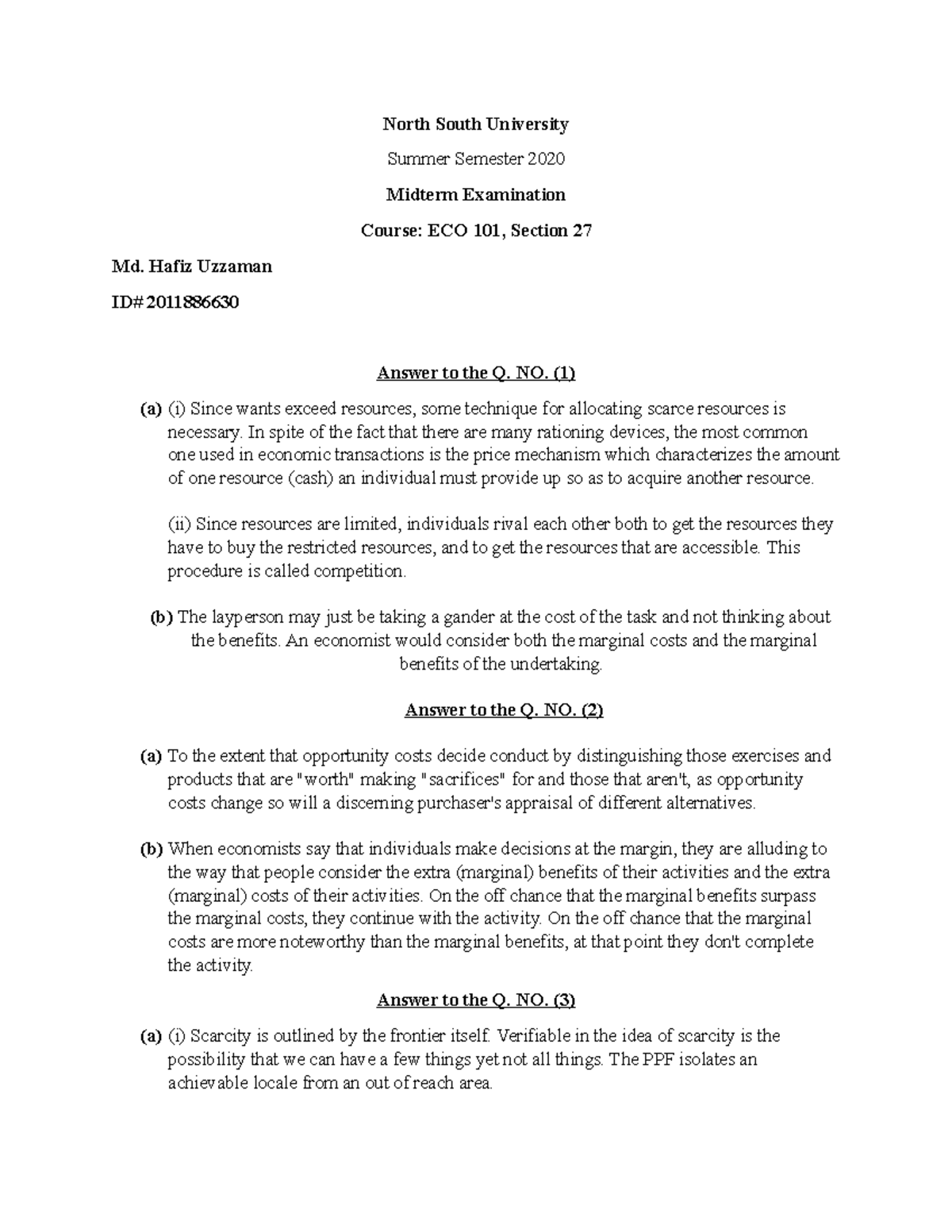 Midterm 7 August 2020, answers - North South University Summer Semester ...