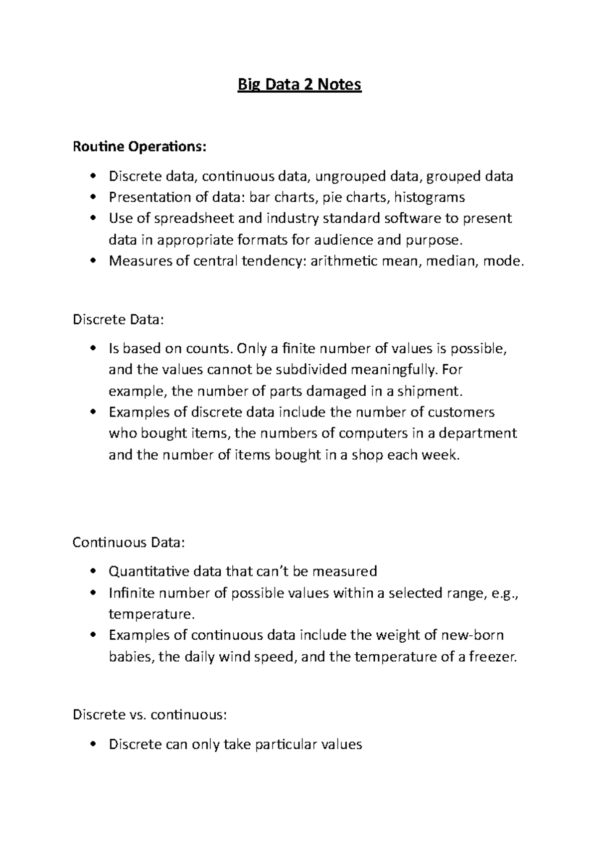 Big Data 2 Notes - Big Data 2 Notes Routine Operations: Discrete data ...