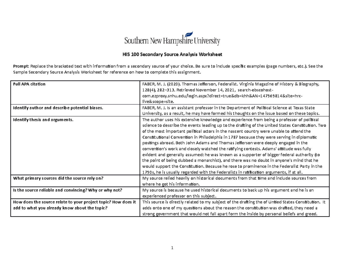 HIS 100 Secondary Source Analysis Worksheet - HIS 100 Secondary Source ...