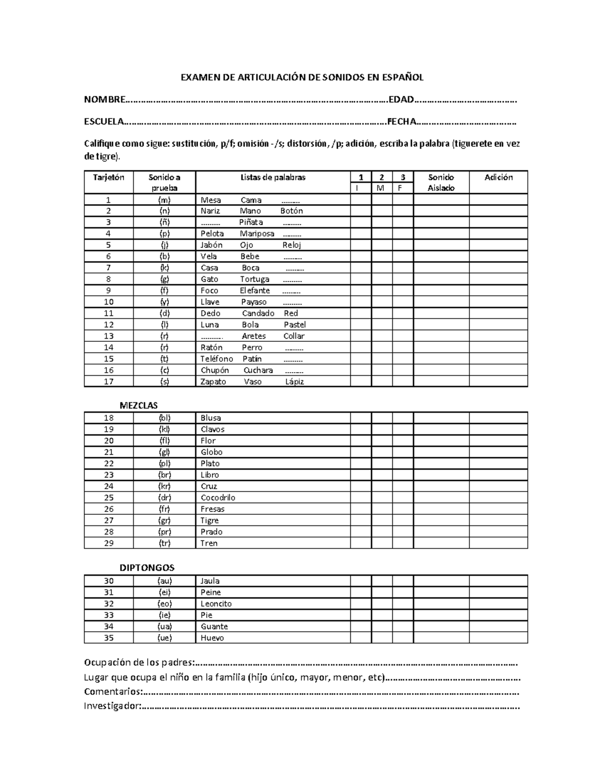 TEST DE Articulacion Fono - EXAMEN DE ARTICULACIÓN DE SONIDOS EN ...