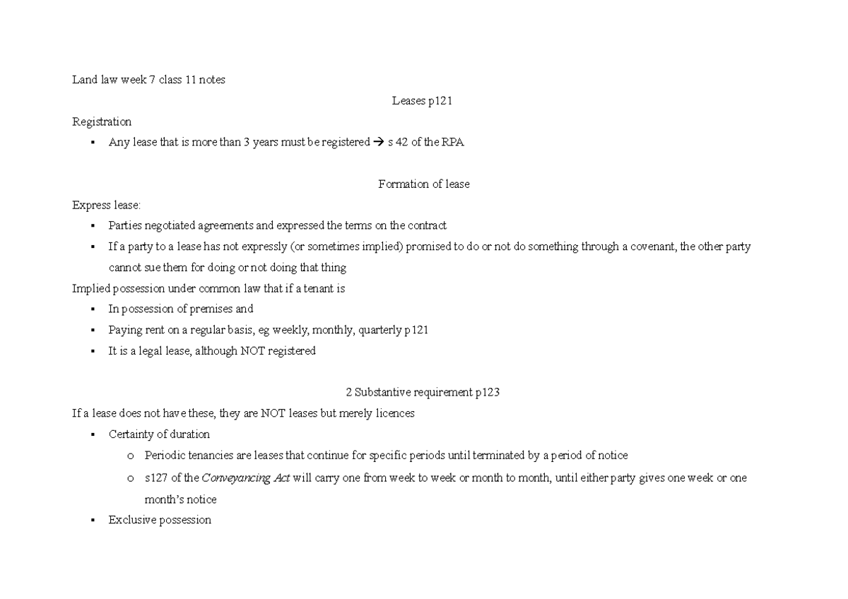 Land law notes - Land law week 7 class 11 notes Leases p Registration ...