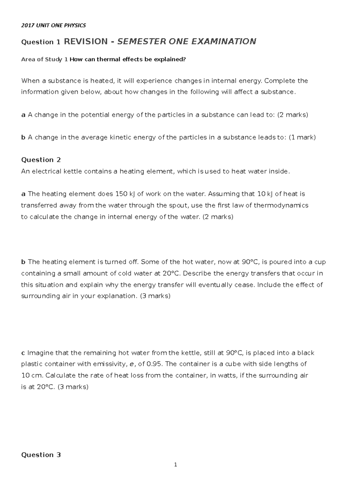 PHYSICS - Semester ONE Examination #2 - Question 1 REVISION - SEMESTER ...