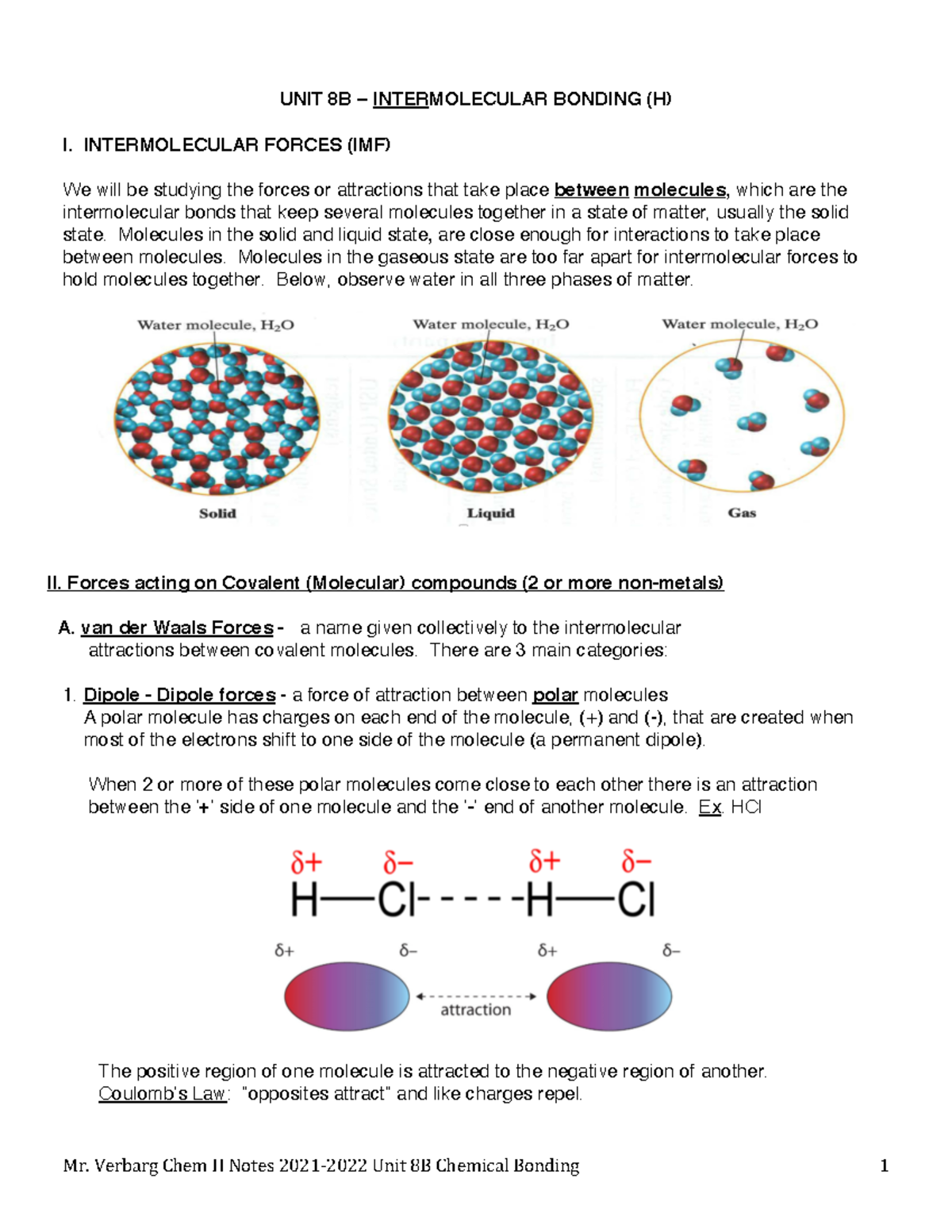 8B Intermolecular Bonding notes H 2 - UNIT 8B – INTERMOLECULAR BONDING ...