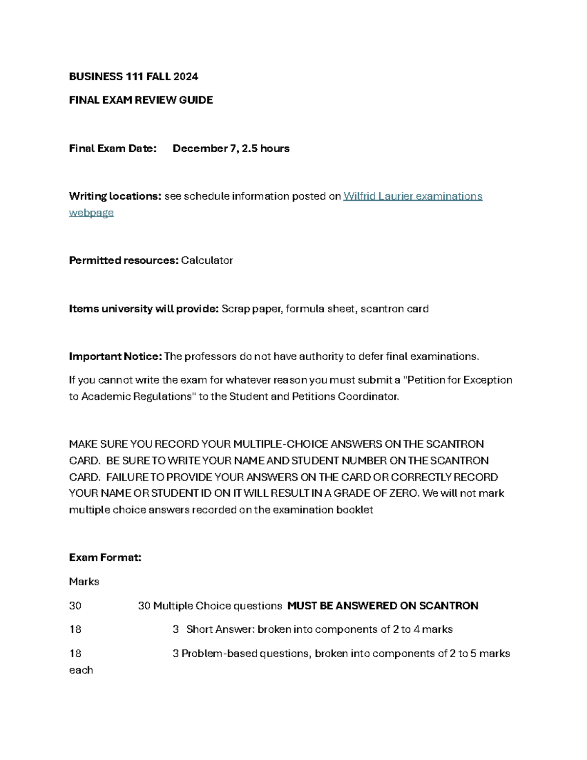 BU111 Final Exam Review Guide - BUSINESS 111 FALL 2024 FINAL EXAM ...