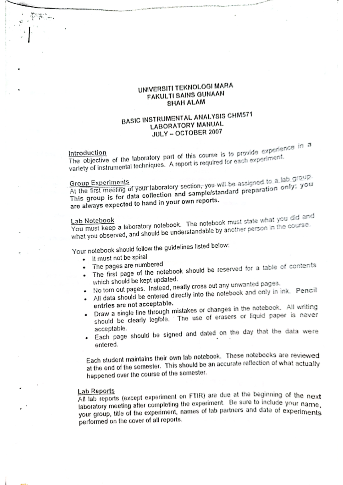 LAB Manual CHM571 - industrial hygiene and safety technology - Studocu