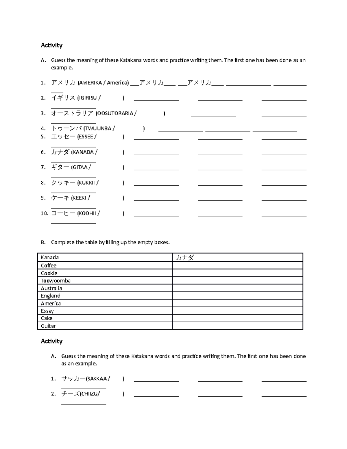 Katakana assignment activity - Activity A. Guess the meaning of these ...