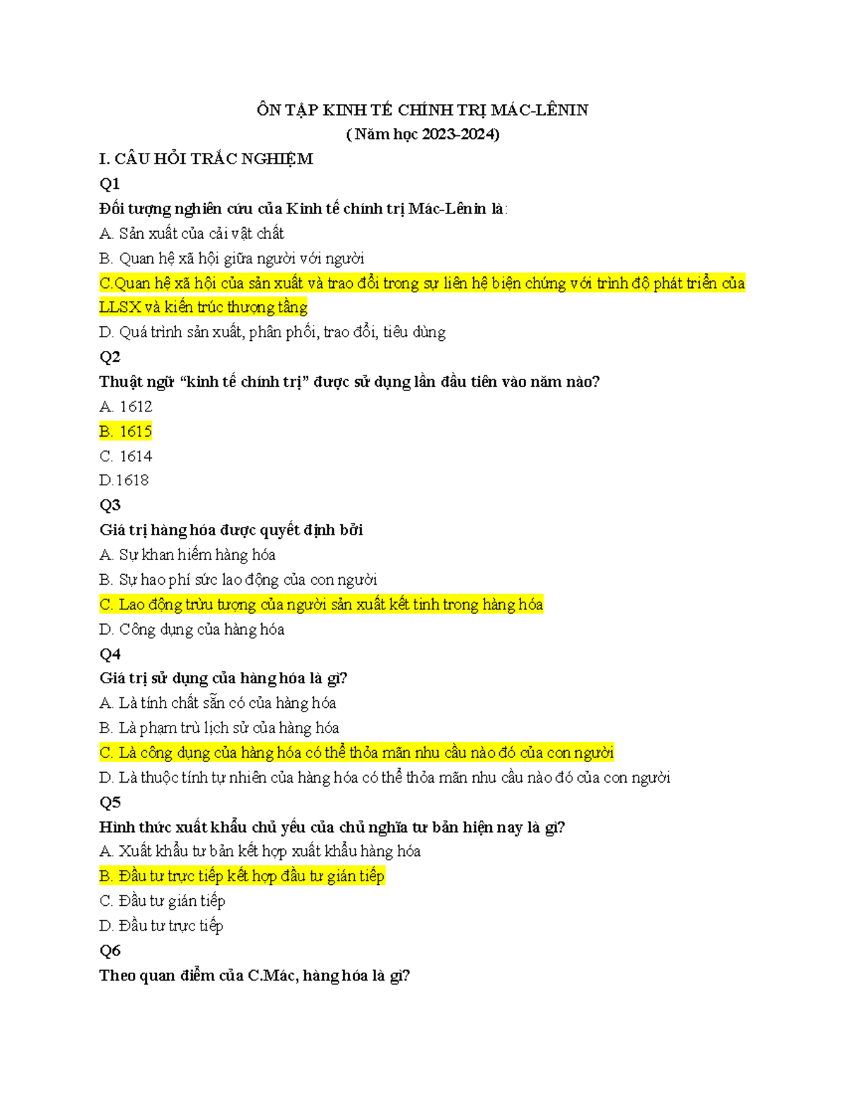 ôn tập KTCT 2023-2024 - Ôn thi kthp - ÔN TẬP KINH TẾ CHÍNH TRỊ MÁC-LÊNIN ( Năm học 2023-2024) I ...