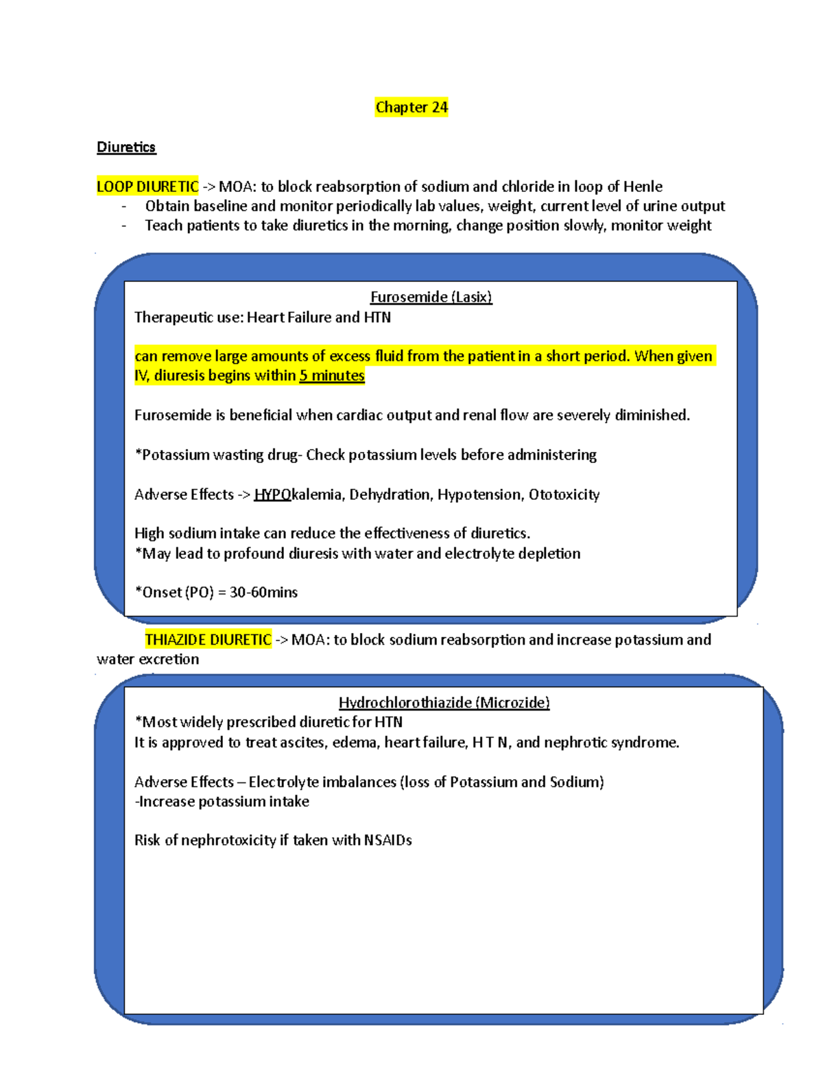 Pharm 2 Exam 2 Study Guide - Chapter 24 Diuretics LOOP DIURETIC -> MOA ...