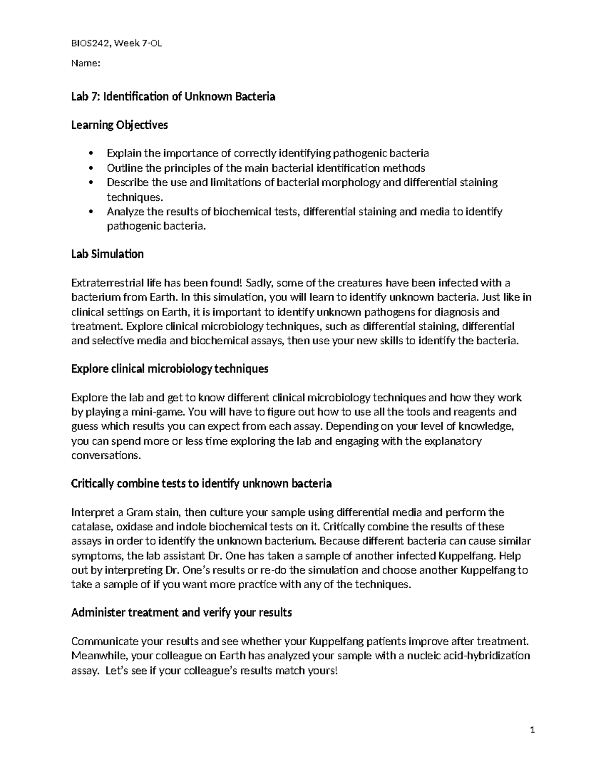 BIOS242 WK7 OL Identification of Unknown Bacteria - Name: Lab 7 ...
