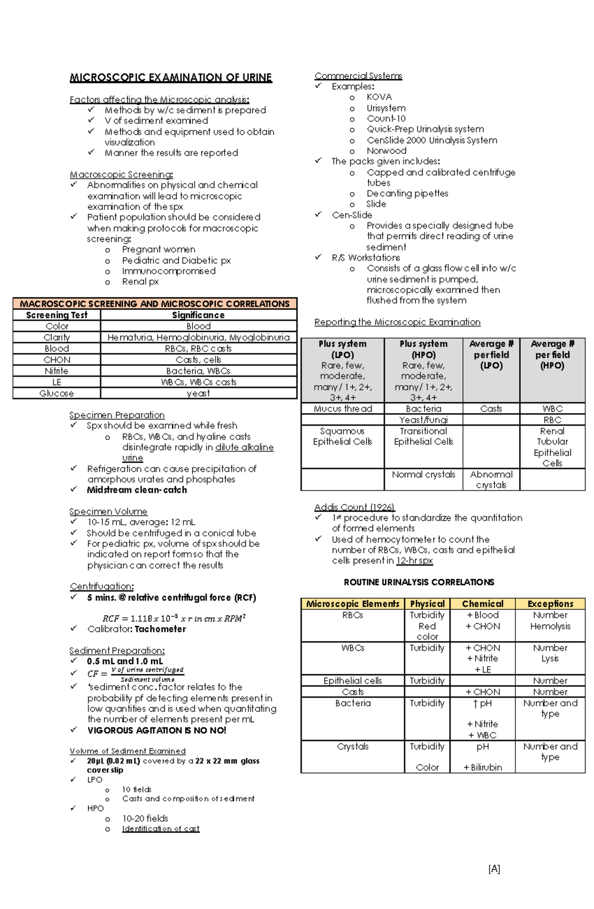 AUBF - summary of midterm notes on Urinalysis and Body Fluids ...