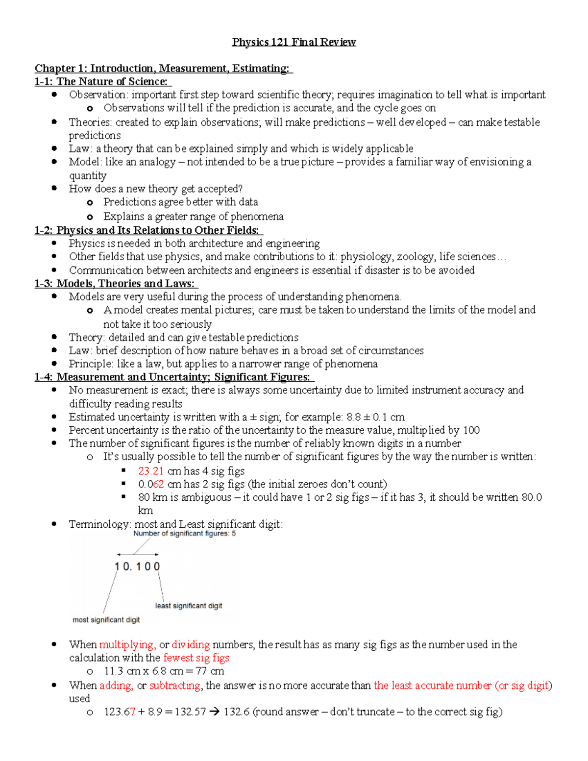 Physics 121 Final Review - Physics 121 Final Review Chapter 1 ...