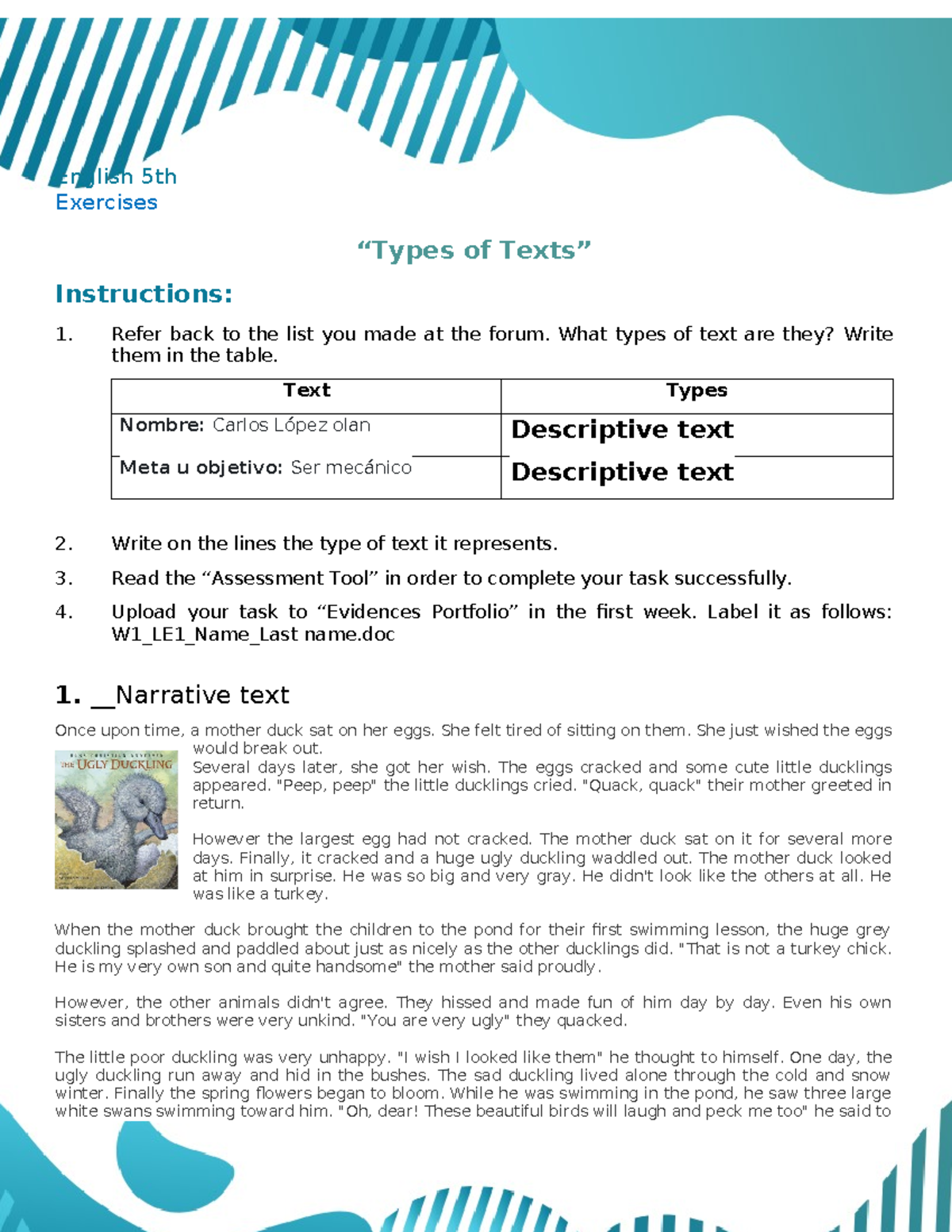 W1 LE1 Carlos Lopéz - tarea tarea - English 5th Exercises “Types of ...