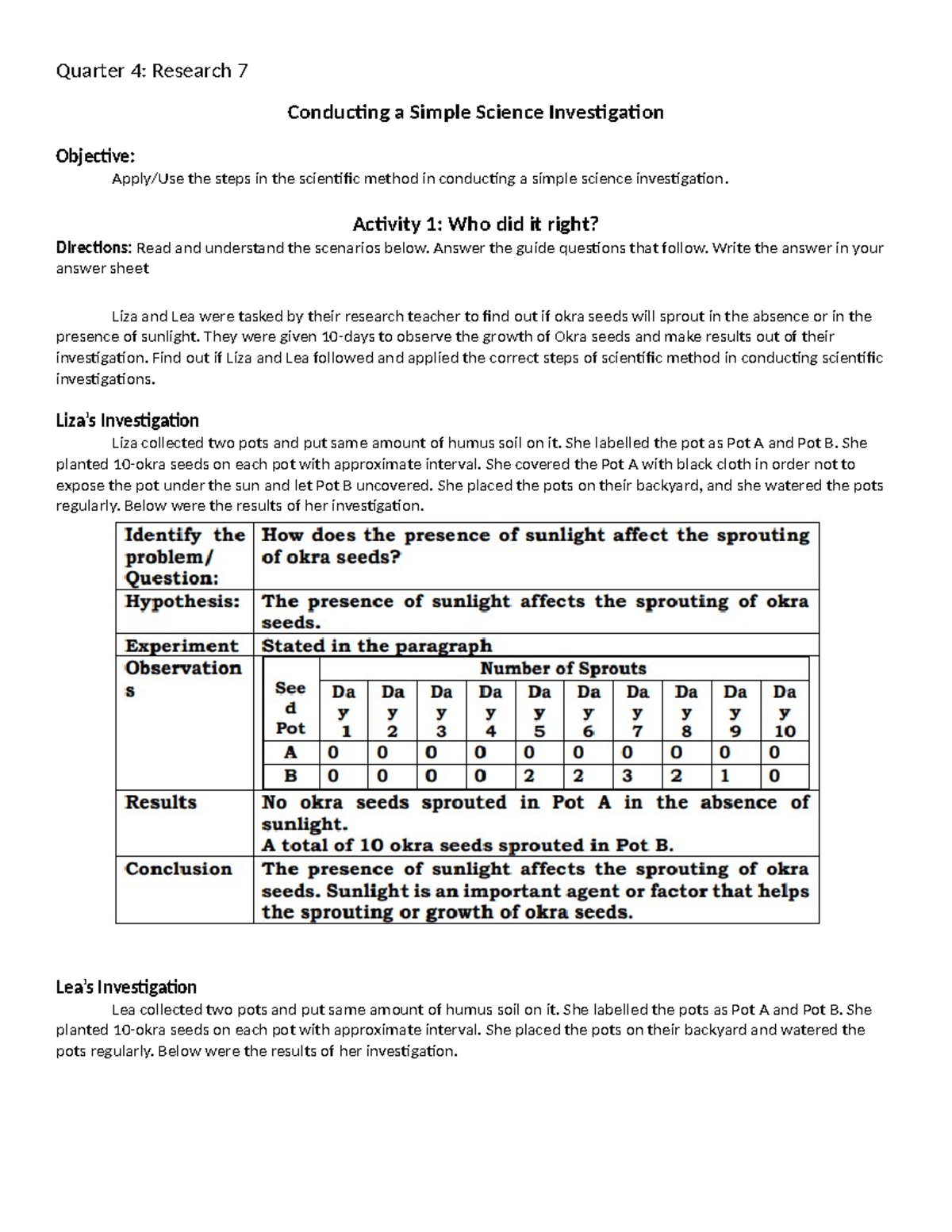 Activity 1 - Quarter 4: Research 7 Conducting a Simple Science ...