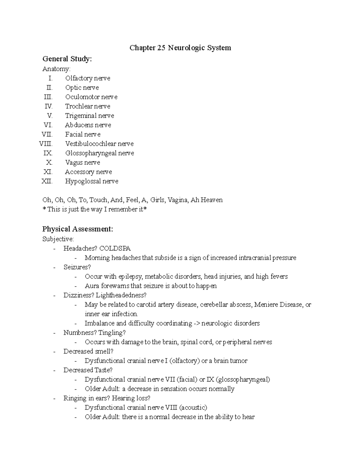 3060 Chapter 25 Neurological System Outline - Chapter 25 Neurologic ...