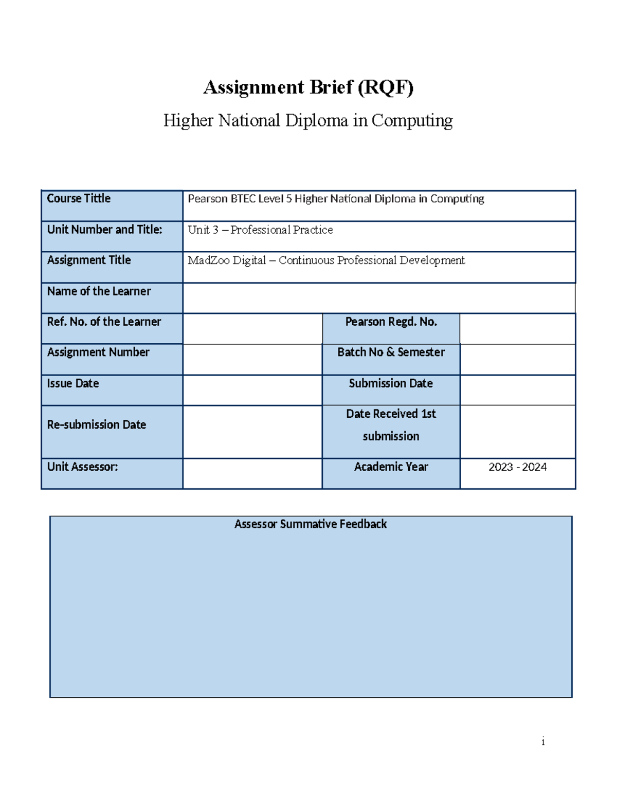 Assignment proffesional practice - Assignment Brief (RQF) Higher National Diploma in Computing ...